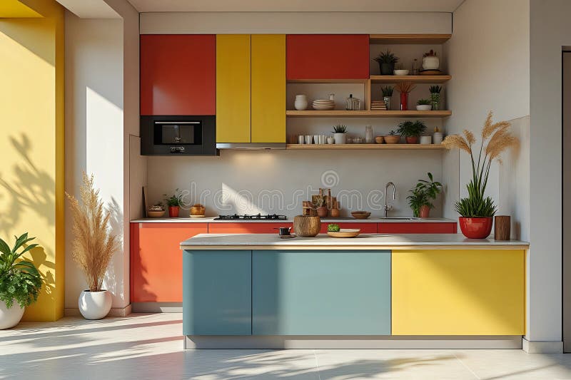 Interior of Colorful Modern Kitchen with Minimalism Style with Copy ...