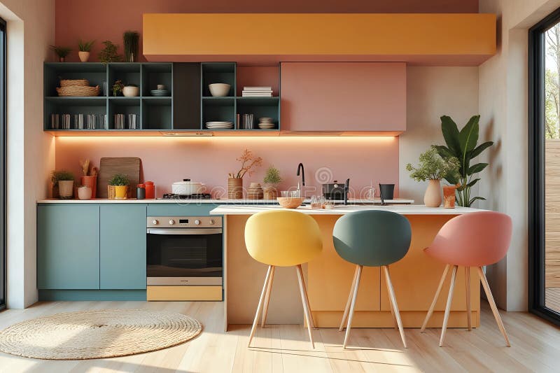 Interior of Colorful Modern Kitchen with Minimalism Style with Copy ...