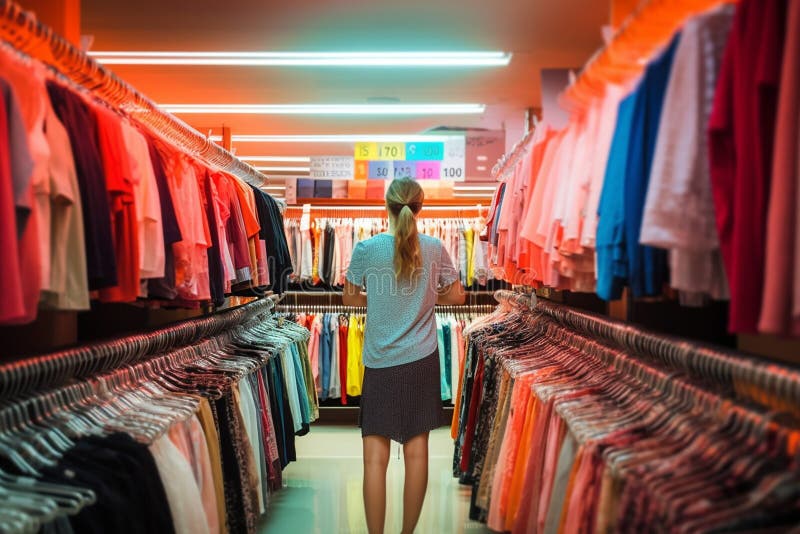 Interior of a Colourful Clothes Store with Woman Choosing Clothes ...