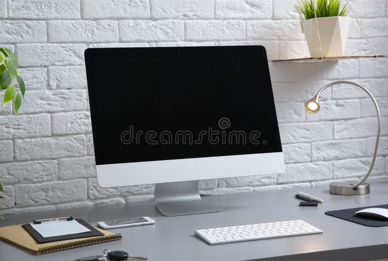 Interior of Comfortable Work Place with Computer Stock Image - Image of ...