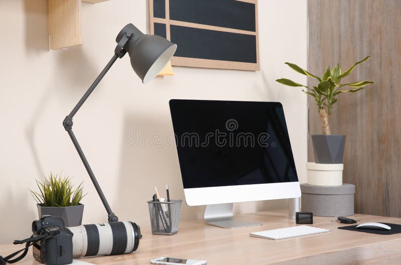 Interior of Comfortable Work Place with Computer on Table Stock Image ...