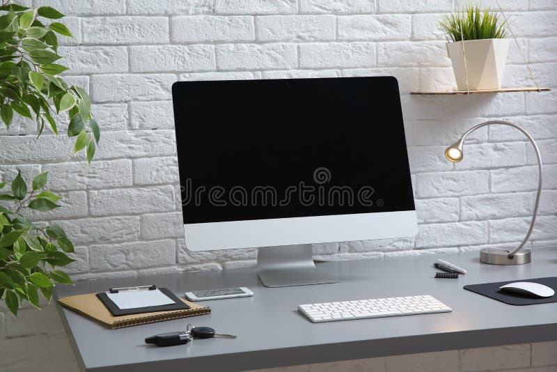 Interior of Comfortable Work Place with Computer on Table Stock Photo ...