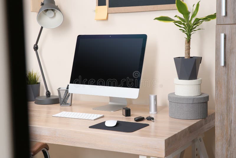 Interior of Comfortable Work Place with Computer Stock Image - Image of ...