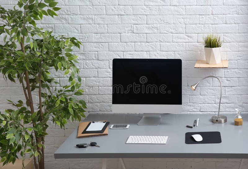 Interior of Comfortable Work Place with Computer on Table Stock Photo ...