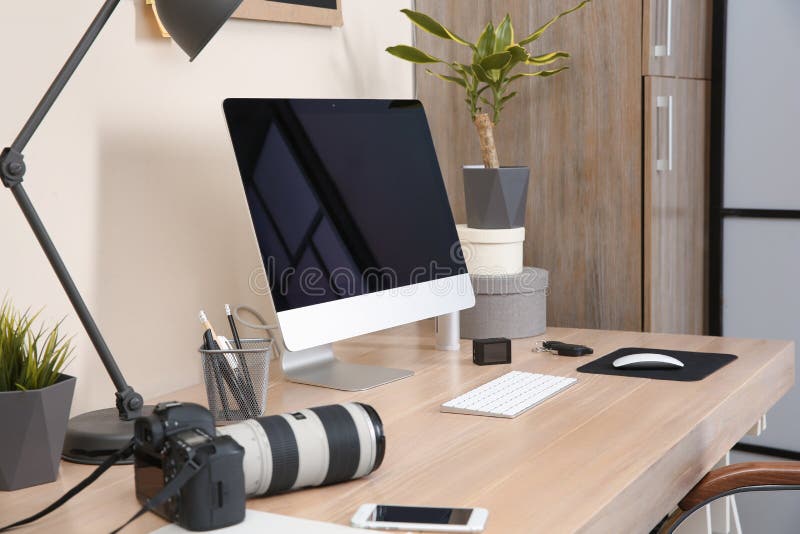 Interior of Comfortable Work Place with Computer on Table Stock Image ...