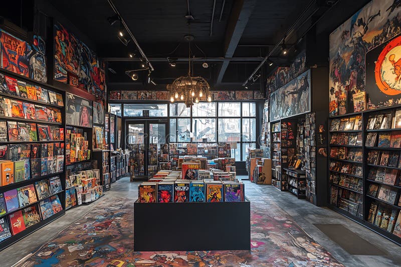 Interior of a Comic Book Store with Shelves Full of Comics Stock ...