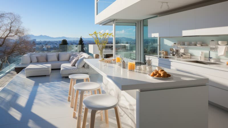 Interior of Completely White Modern Kitchen in Luxurious Villa. Flat ...