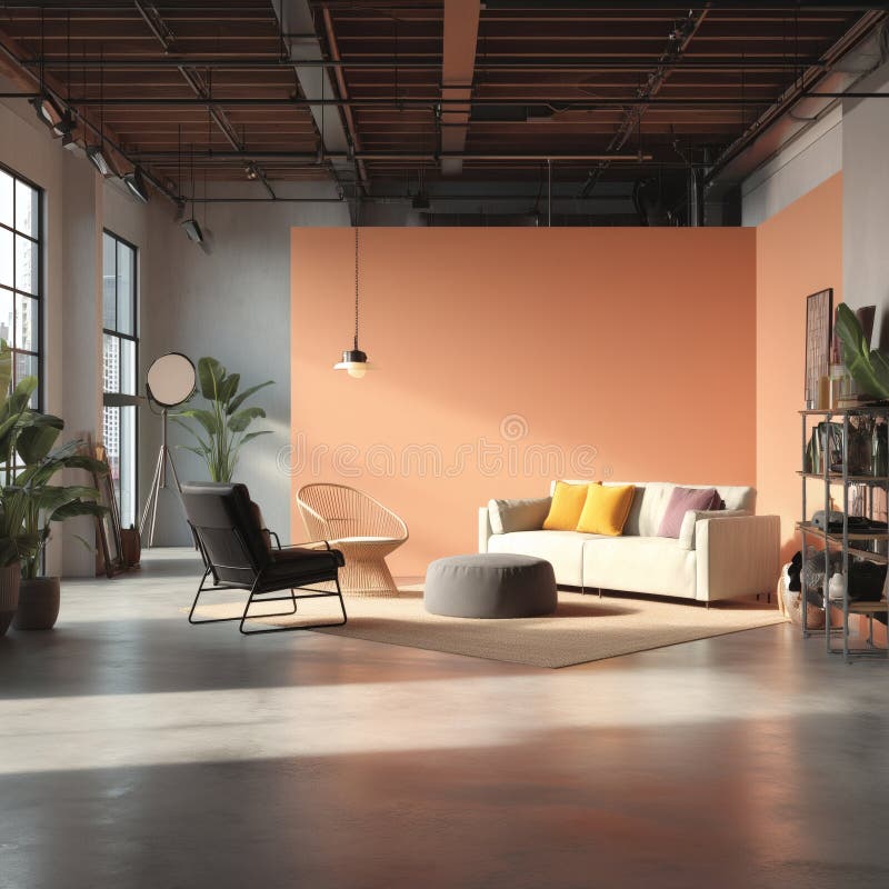 Interior with Concrete Flooring, Peach Walls, and a White Screen Area ...