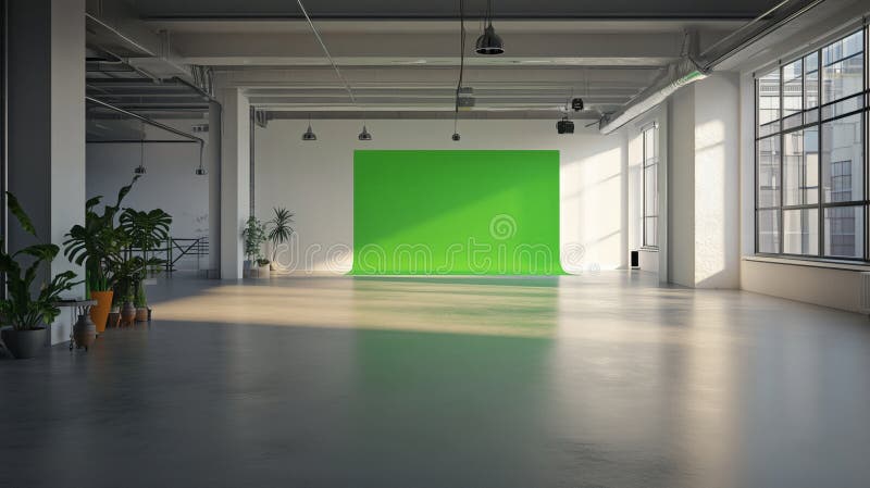 Interior with Concrete Flooring, White Walls, and a Green Screen Area ...