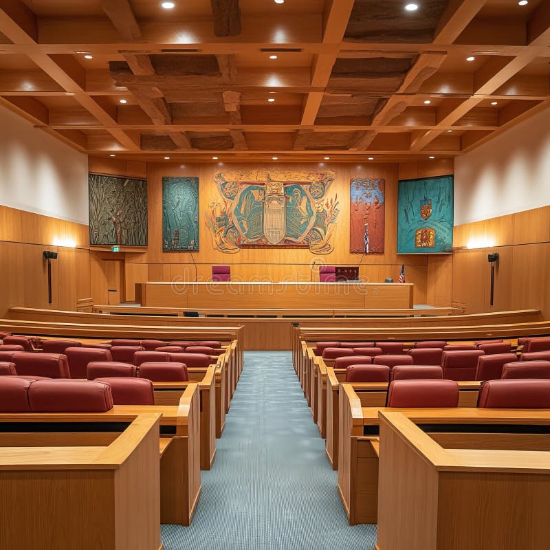 Interior of a Conference Room with Red Seats and Wooden Ceiling. Stock ...