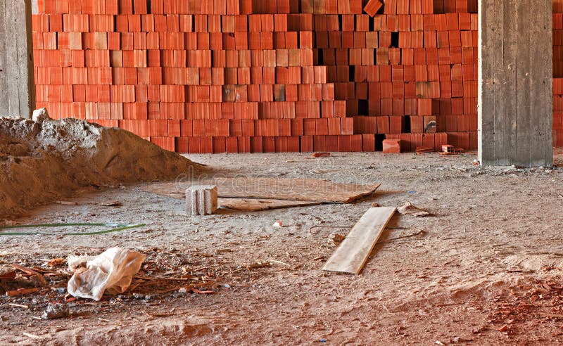 Stack of Red Building Blocks on Messy Site Stock Image - Image of ...