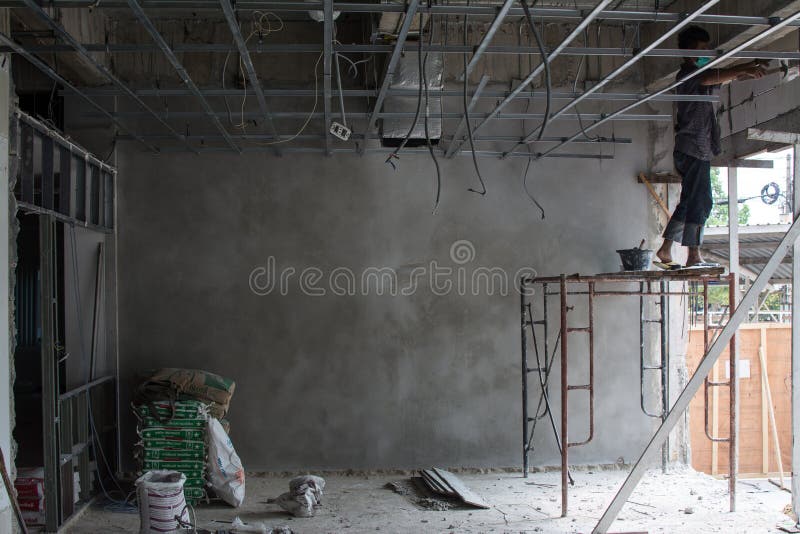Interior Construction Site with Worker Stock Image - Image of empty ...