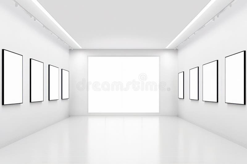 Interior of Contemporary Art Gallery with Empty Frames Against White ...