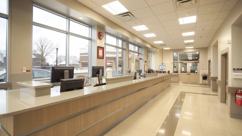 The Interior of a Contemporary Bank Branch Features Large Counters ...