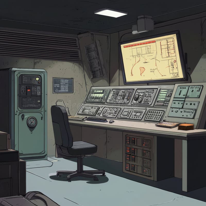 Interior of the Control Room with Computers and Equipment. Vector ...