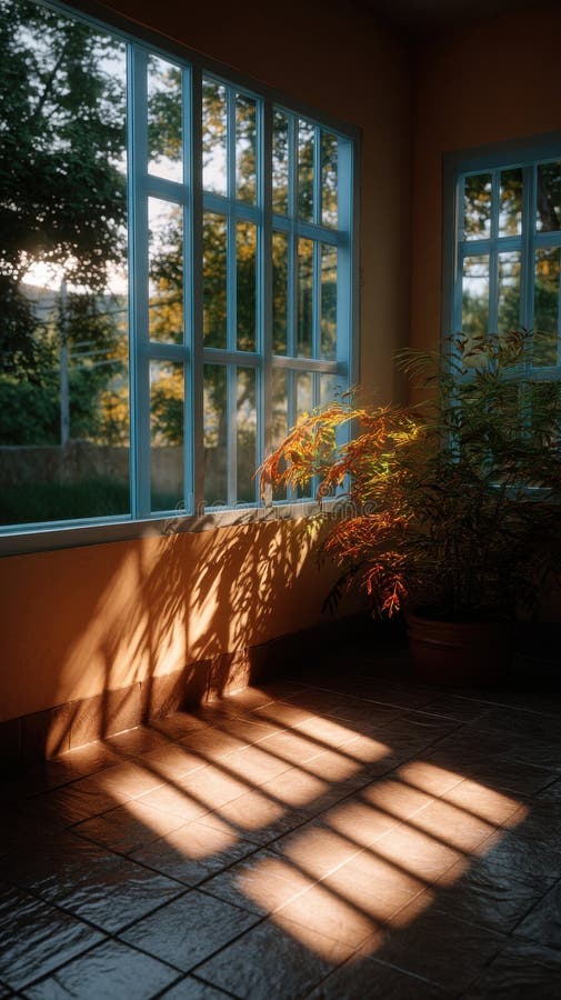 Interior Corner with Sunlit Windows, Shadows on Floor, Potted Plant ...