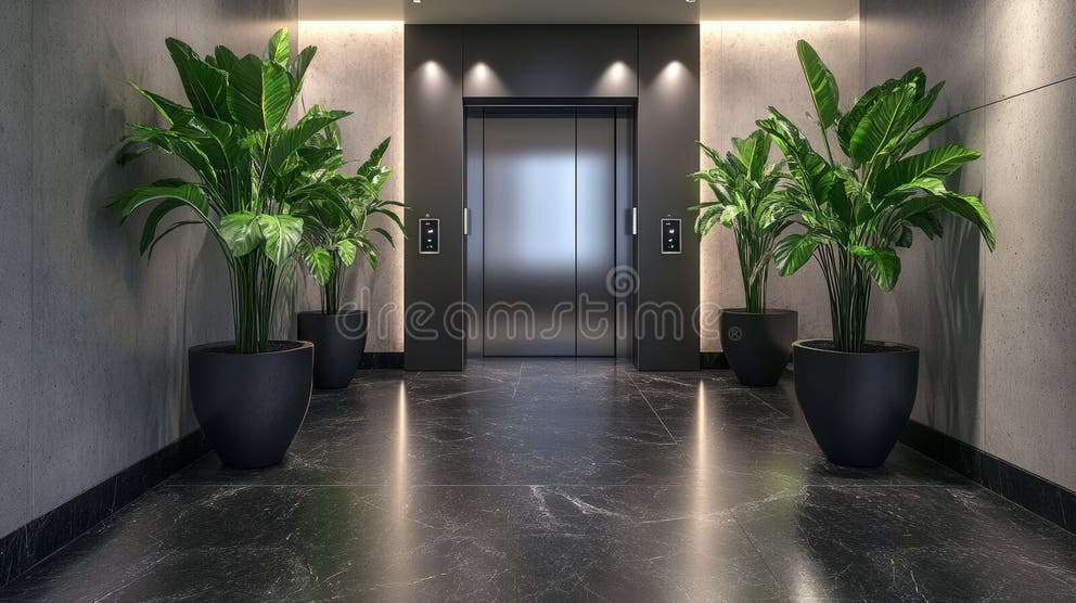 The Interior of a Corporate Building Features a Modern Elevator Lobby ...