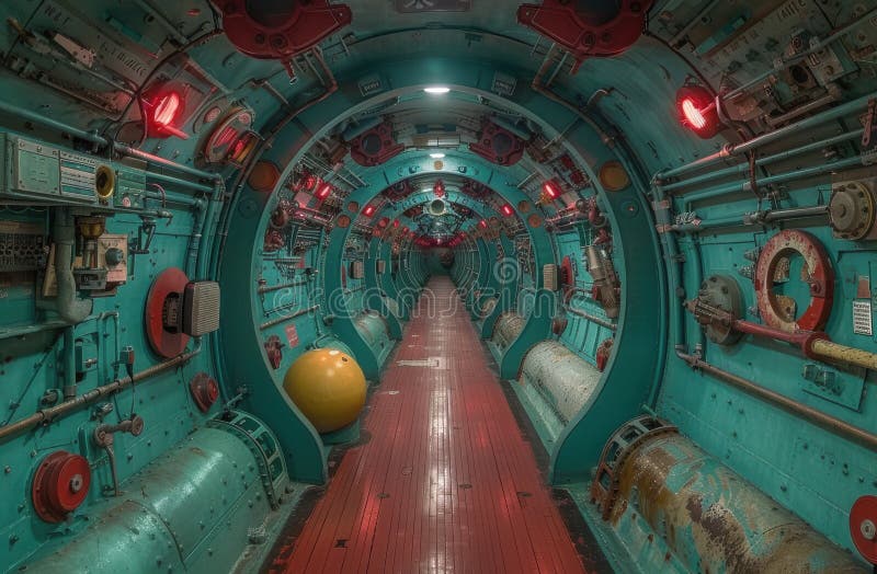Interior Corridor of an American Submarine with Visible Equipment and ...