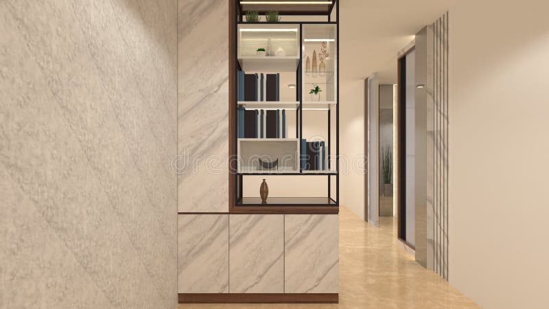 Interior Corridor Design with Modern Divider Cabinet Stock Illustration ...