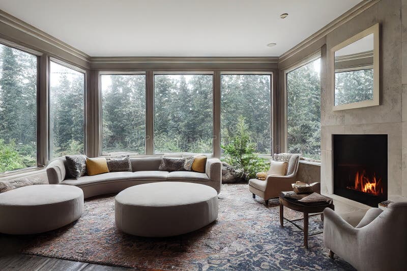 Interior of Country House with Large Windows, Fireplace and Soft Sofa ...