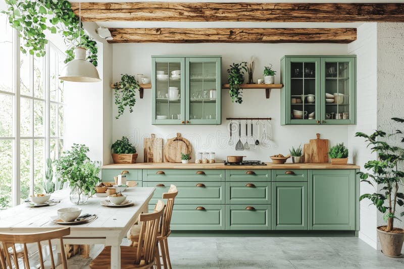 Interior of a Cozy Home Kitchen Featuring a Dining Table, a Cooking ...