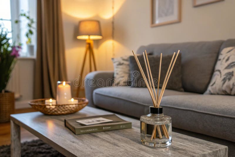 Cozy Living Room with Grey Sofa and Reed Diffuser Stock Illustration ...