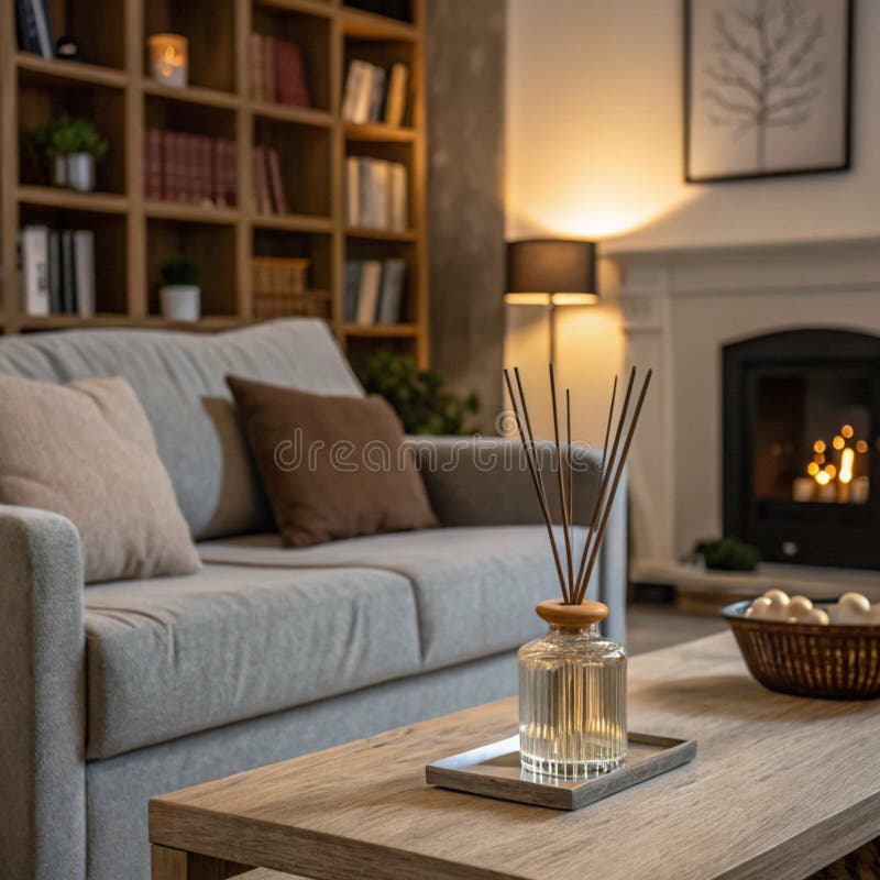 Interior of Cozy Living Room with Grey Sofa and Reed Diffuser on Coffee ...