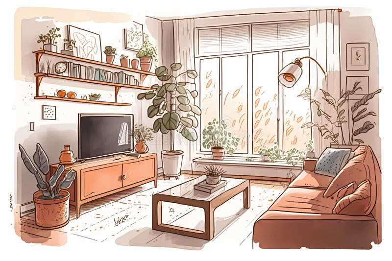 Cozy Living Room with Fireplace, Armchair and Bookshelves Stock ...