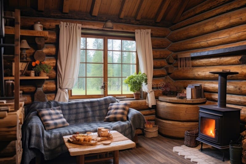 Interior of Cozy Log Cabin with Rustic Decor Stock Photo - Image of ...
