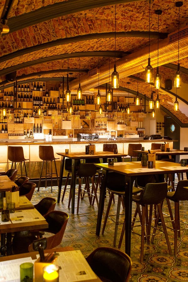 Interior of Cozy Modern Restaurant with Bar Counter and Lamp Lighting ...