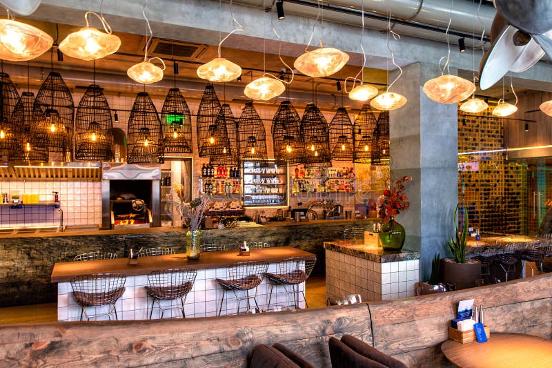 Interior of Cozy Modern Restaurant with Bar Counter and Lamp Lighting ...