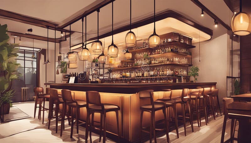 Interior of Cozy Modern Restaurant with a Bar Counter and Lamp Lighting ...