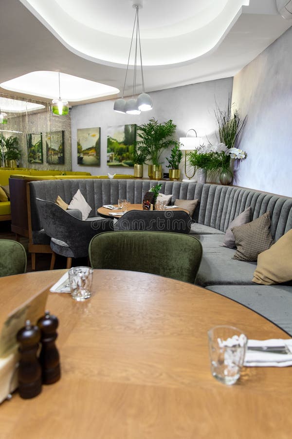 Interior of Cozy Modern Restaurant with Soft Sofas and Armchairs Stock ...