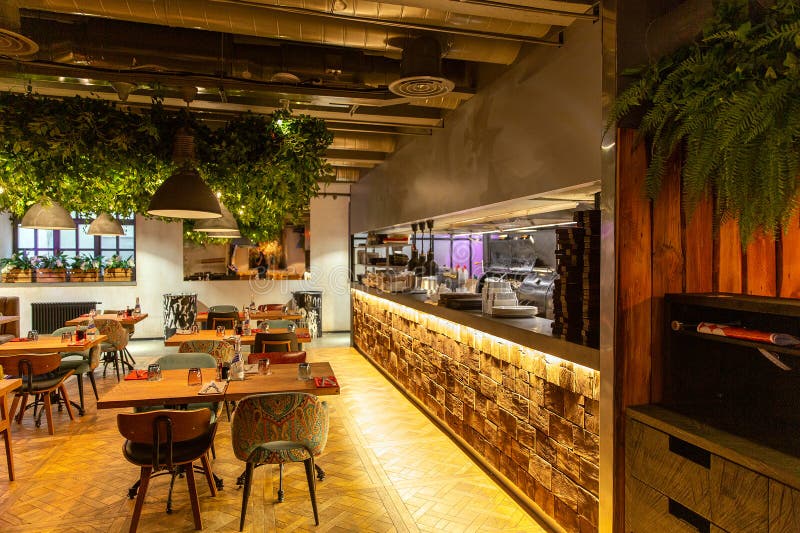 Interior of Cozy Restaurant in the Modern Style with Open Kitchen Stock ...