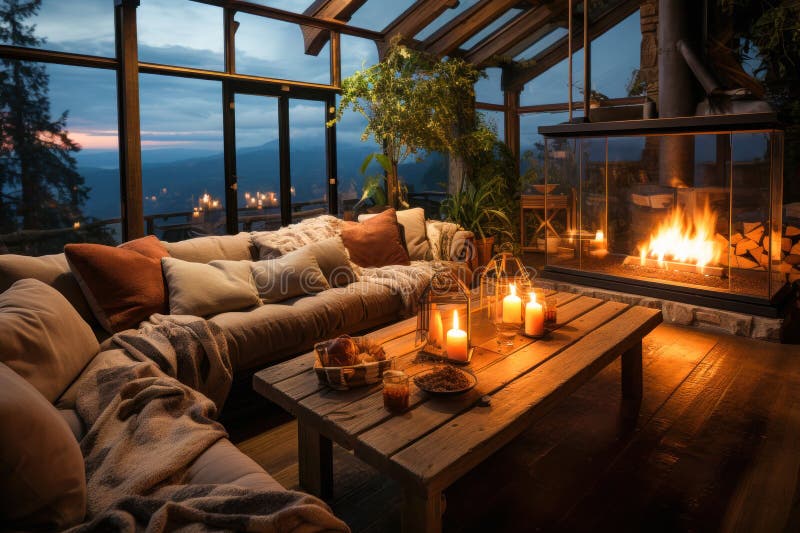 Interior of a Cozy Room with Large Windows and a Fireplace Stock Photo ...