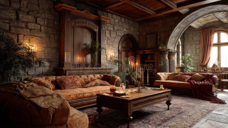 Interior of a Cozy Room in Romanesque Style Stock Image - Image of room ...