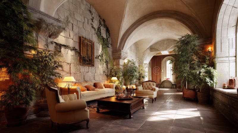 Interior of a Cozy Room in Romanesque Style Stock Illustration ...