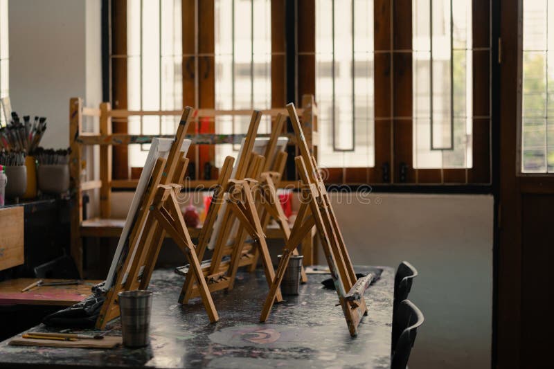 Interior of the Creative Art Workshop with Wooden Easels and Painting ...