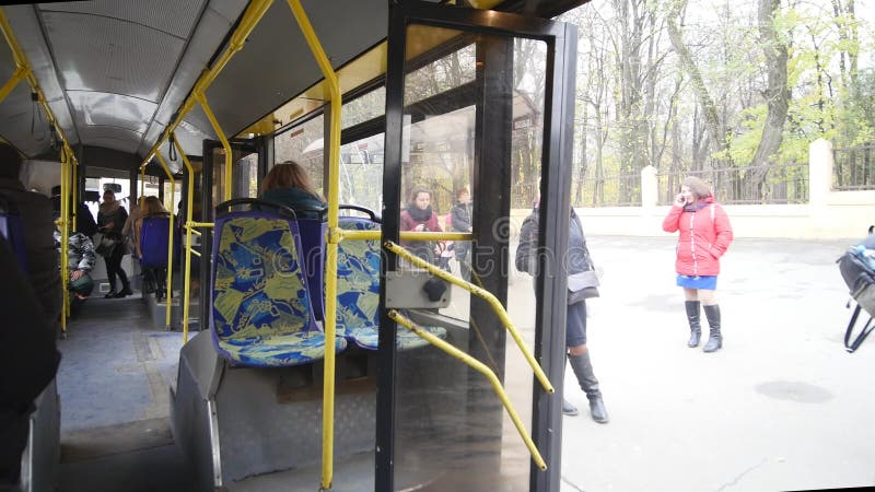 Interior of Crowded Bus with Passengers Getting on at Stop Stock Video ...
