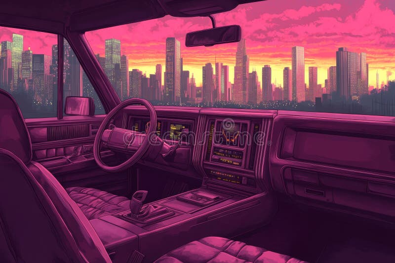 The Interior of a Cutting-edge Vehicle, Featuring a Sunset Cityscape ...