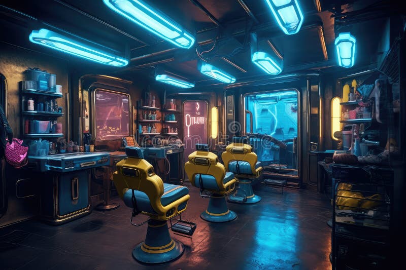 Interior of Cyberpunk Barbershop. Generative AI Stock Illustration ...