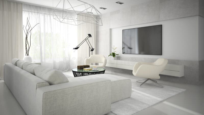 Interior Da Sala Moderna à Moda Com O Sofá Branco 3D Que Rende 2 Imagem de Stock - Imagem de ...
