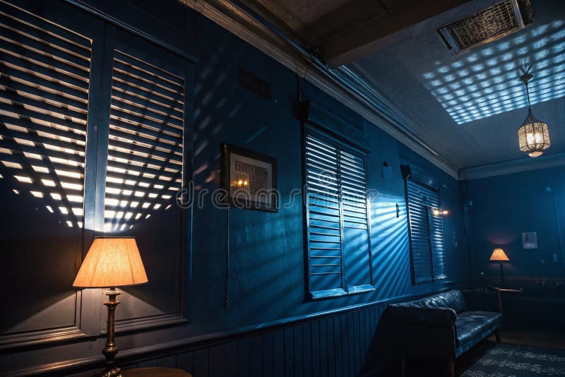 Interior of Dark Blue Room with Shadowed Light Stock Illustration ...