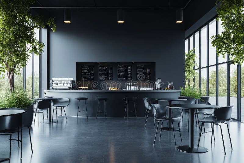 Interior of a Dark Coffee Shop with Dining Tables and Chairs, a Bar ...