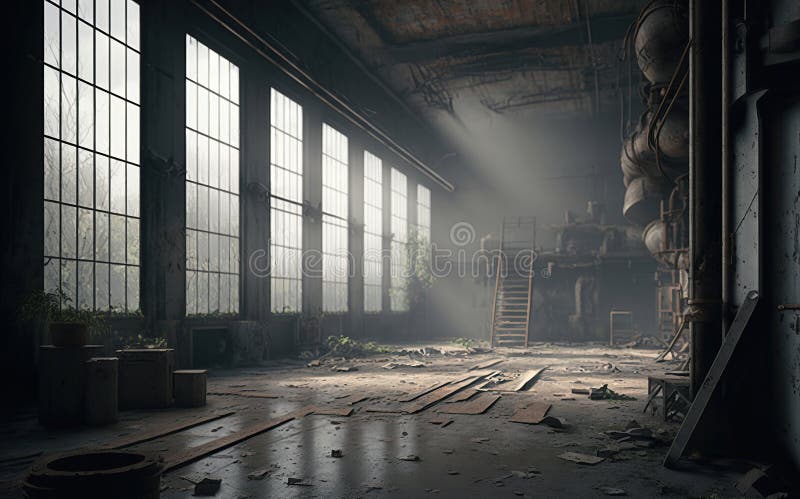 The Interior of a Dark Large Derelict Deserted Old Factory with Light ...