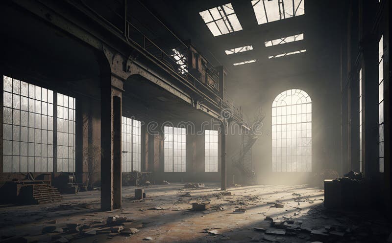 The Interior of a Dark Large Derelict Deserted Old Factory with Light ...