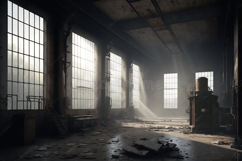 The Interior of a Dark Large Derelict Deserted Old Factory with Light ...