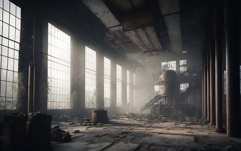 The Interior of a Dark Large Derelict Deserted Old Factory with Light ...