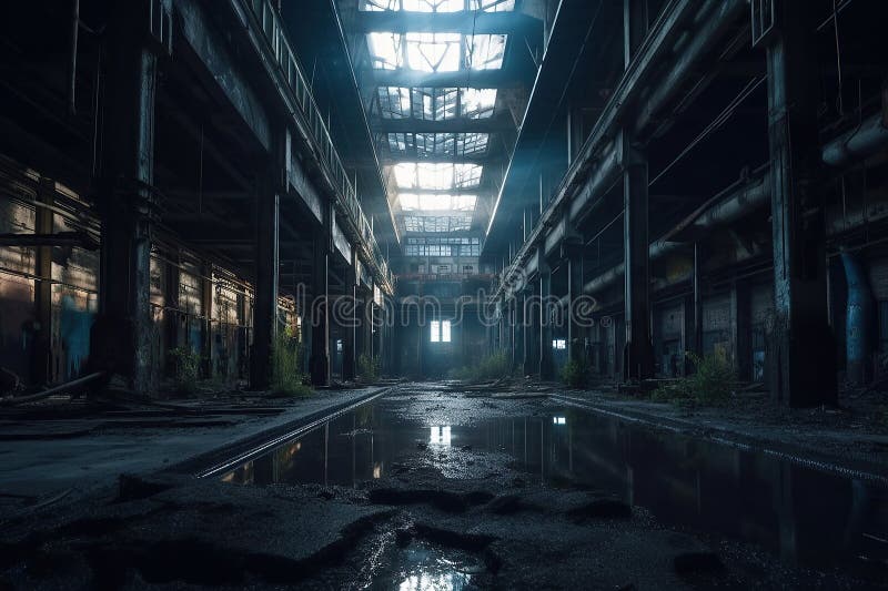 The Interior of a Dark Large Derelict Deserted Old Factory with Light ...