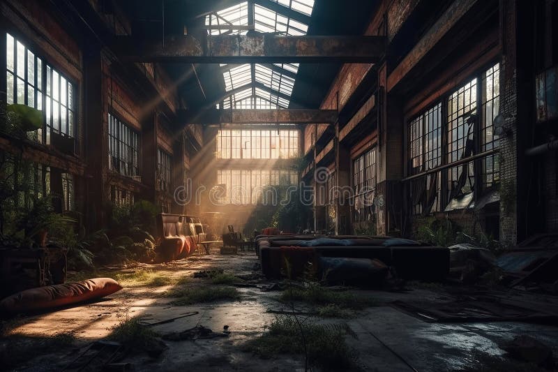 The Interior of a Dark Large Derelict Deserted Old Factory with Light ...
